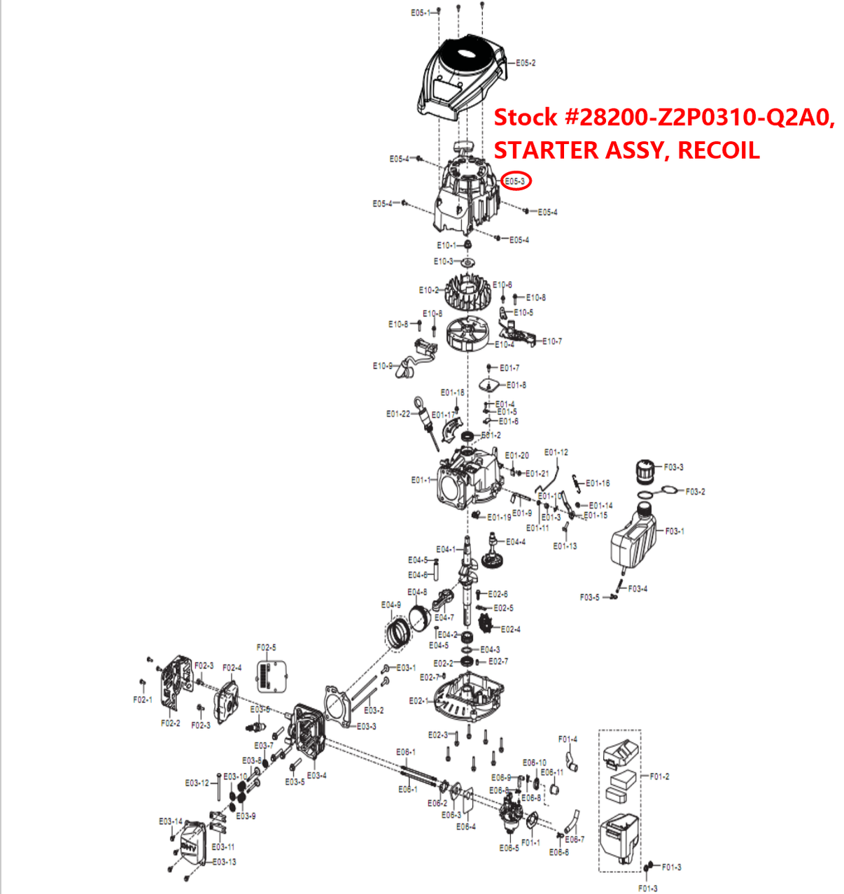 Lawn Mower Parts - 127cc Recoil Starter w/Subassembly, Stock #28200-Z2