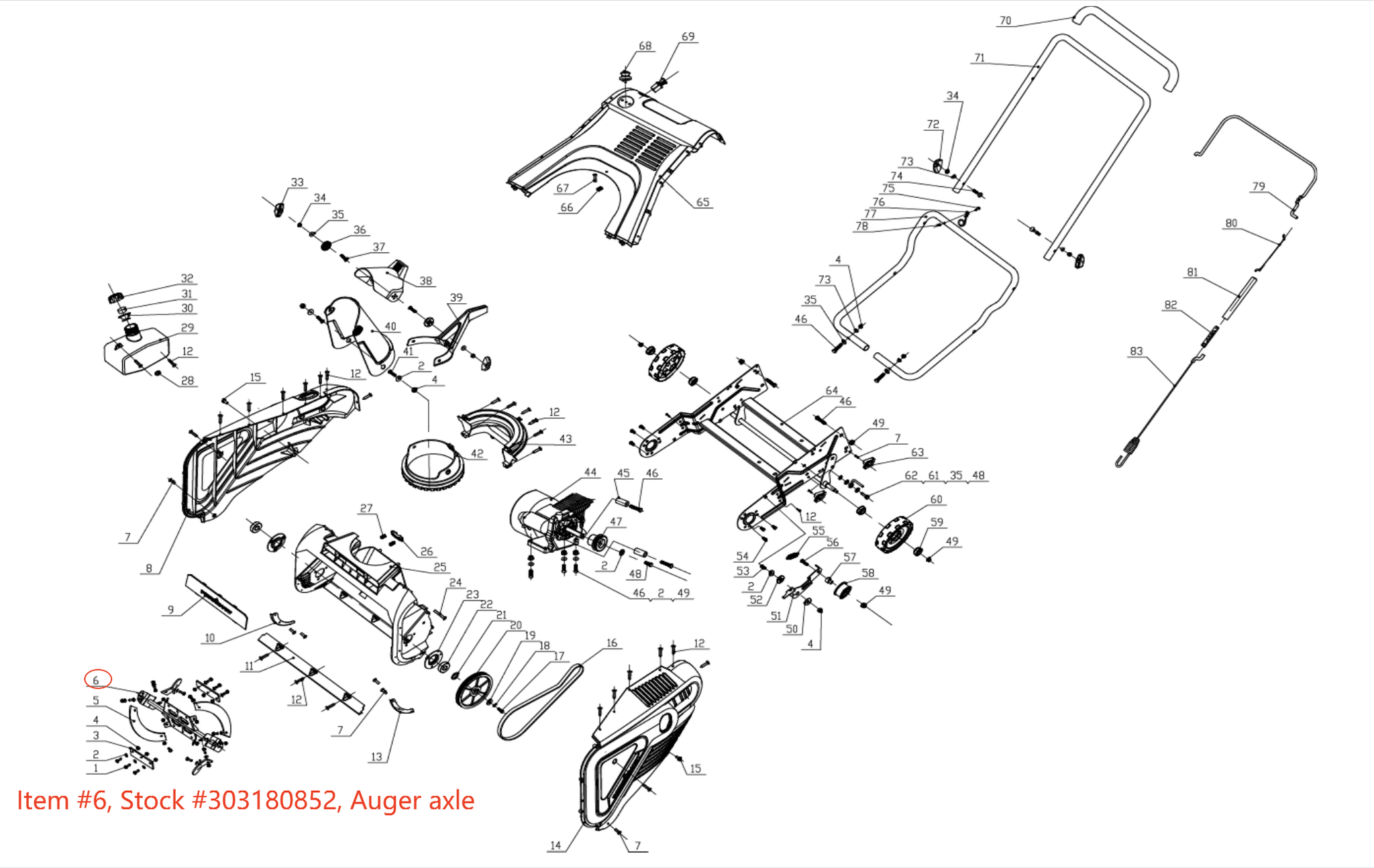 Snow Blower Parts - Auger Axle Assembly (DB7005/FX71021), Stock #30318
