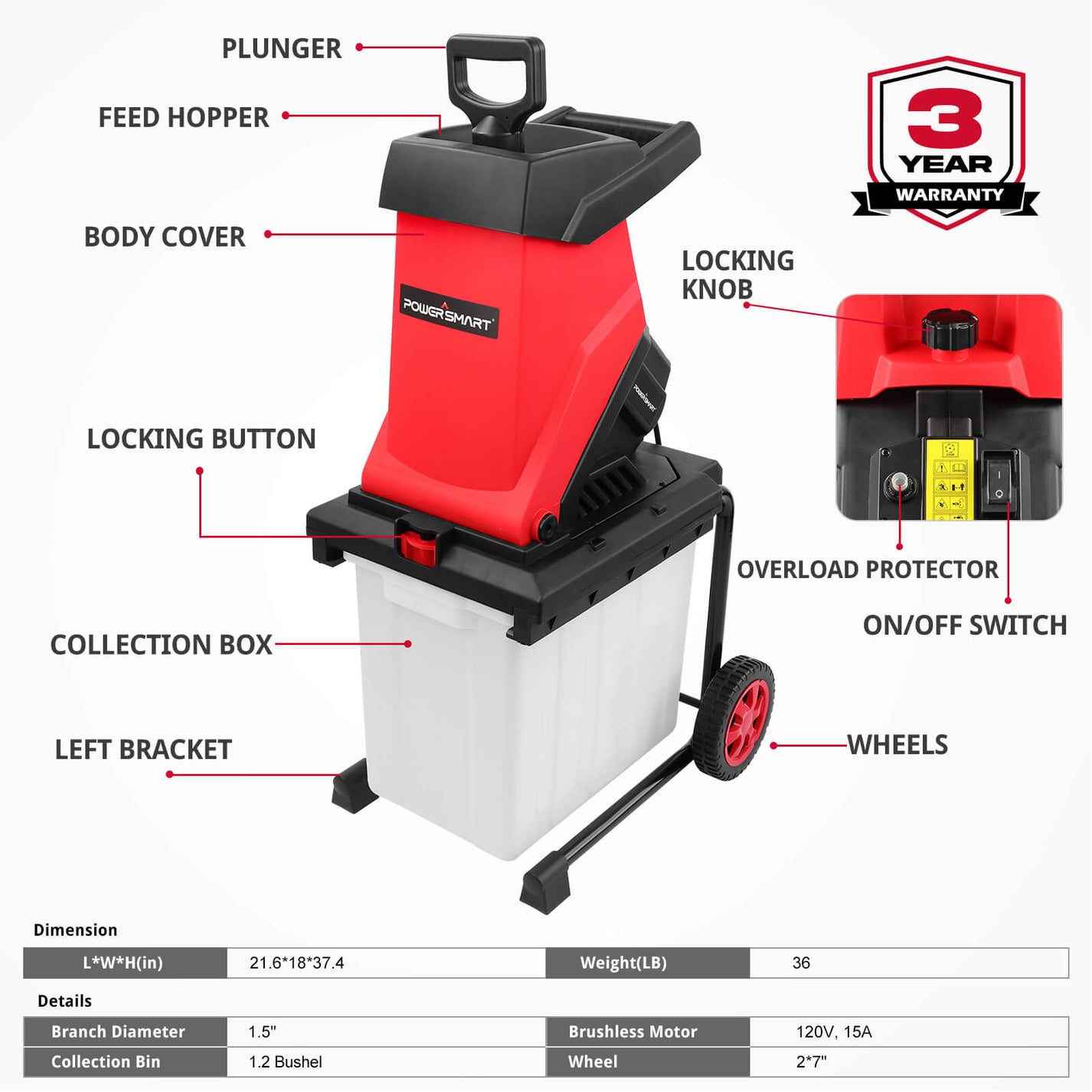 15Amp Electric Wood Chipper Leaf Mulcher w/ Collection Bin PS12A ...