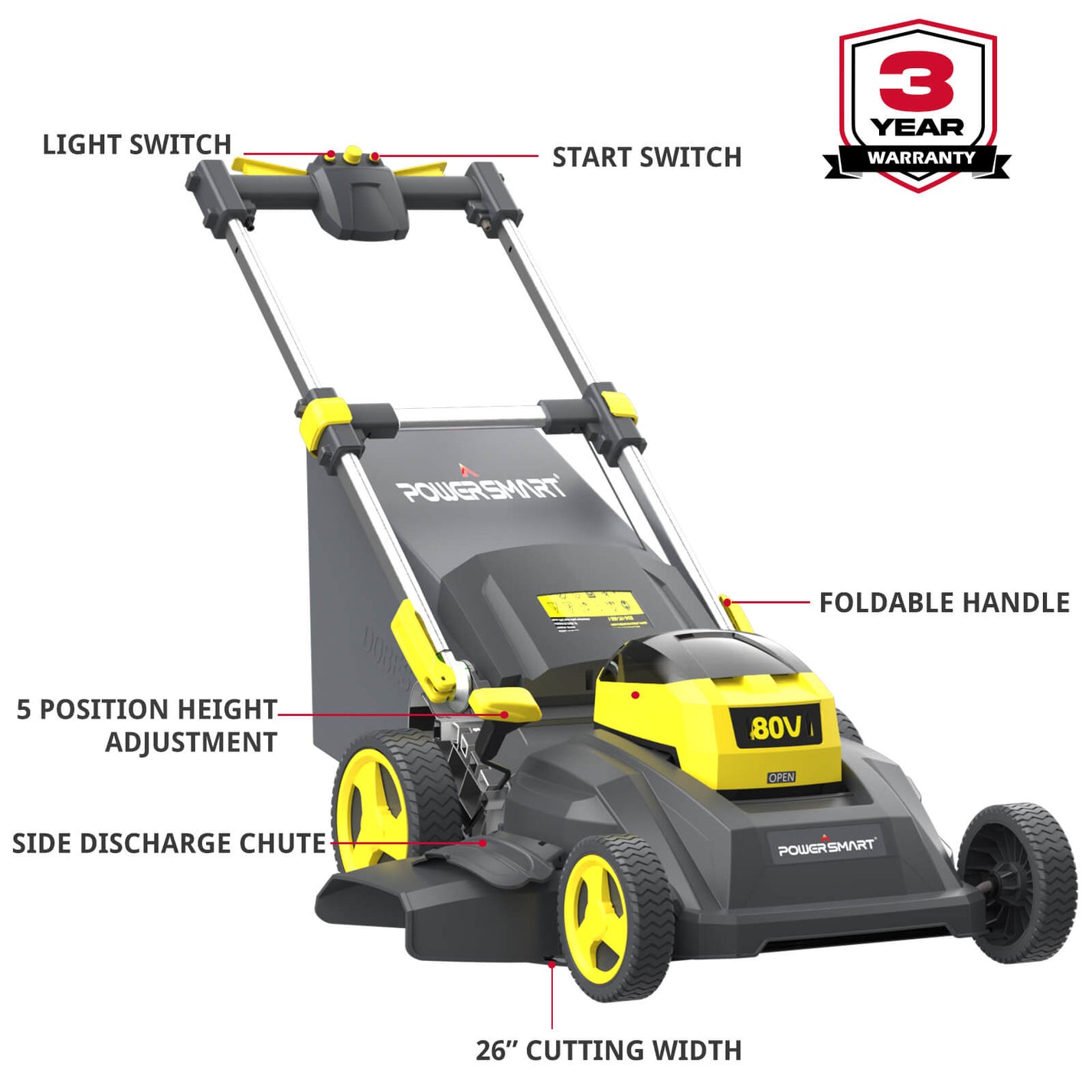 80V 26" Brushless Cordless Self-Propelled Lawn Mower Yellow PS76826 ...